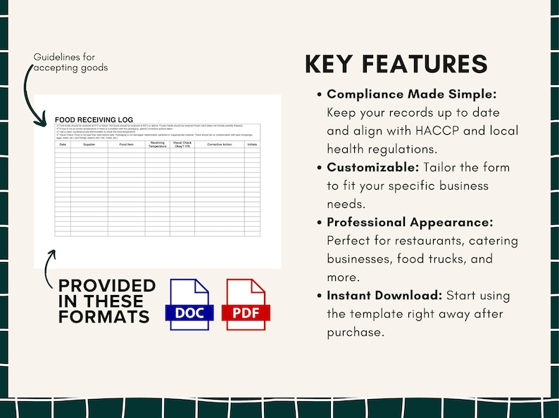 Restaurant Food Receiving Log, HACCP Food Temperature Log Template ...