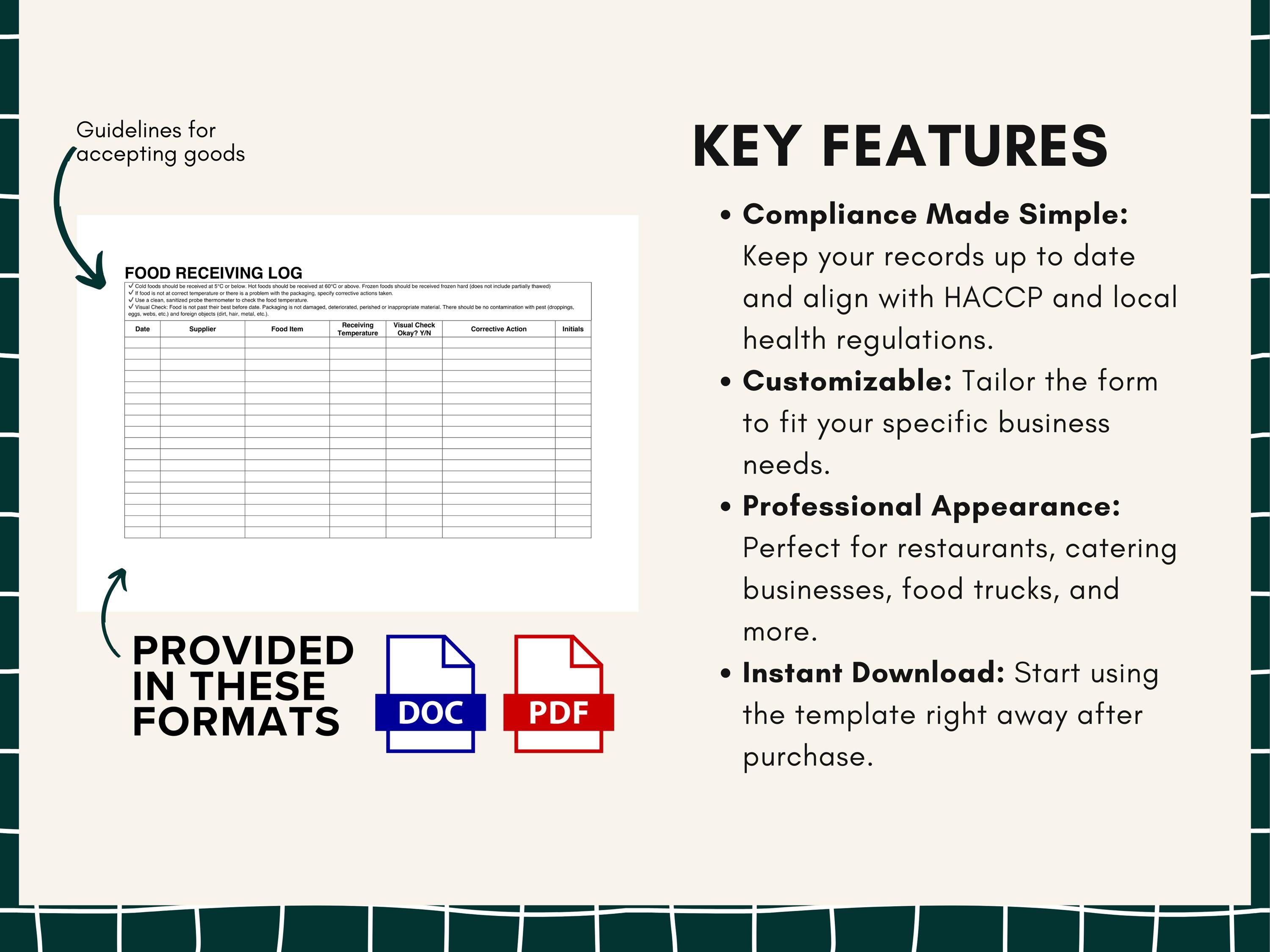 Restaurant Food Receiving Log, HACCP Food Temperature Log Template ...