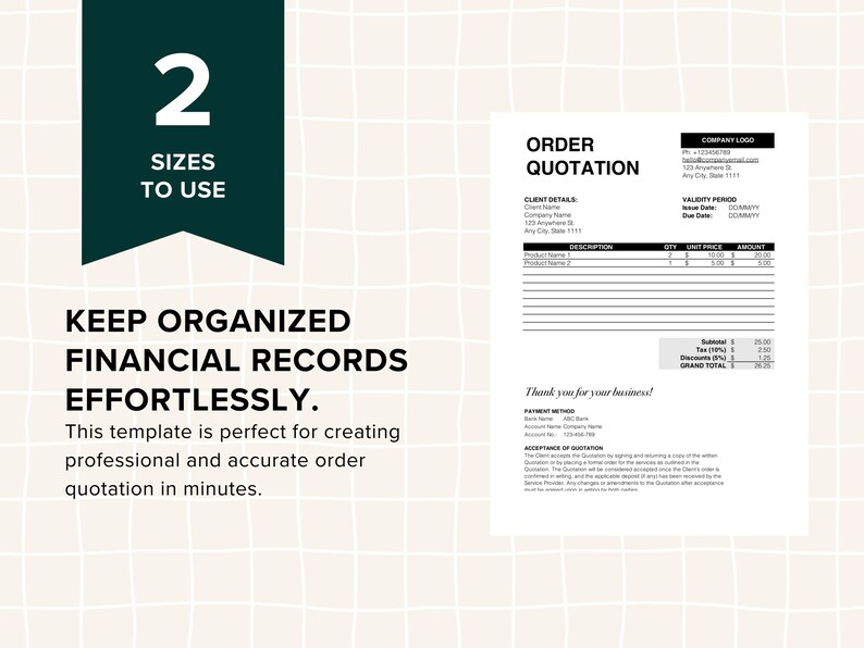 Order Quotation Excel Template, Custom Printable Business Forms ...