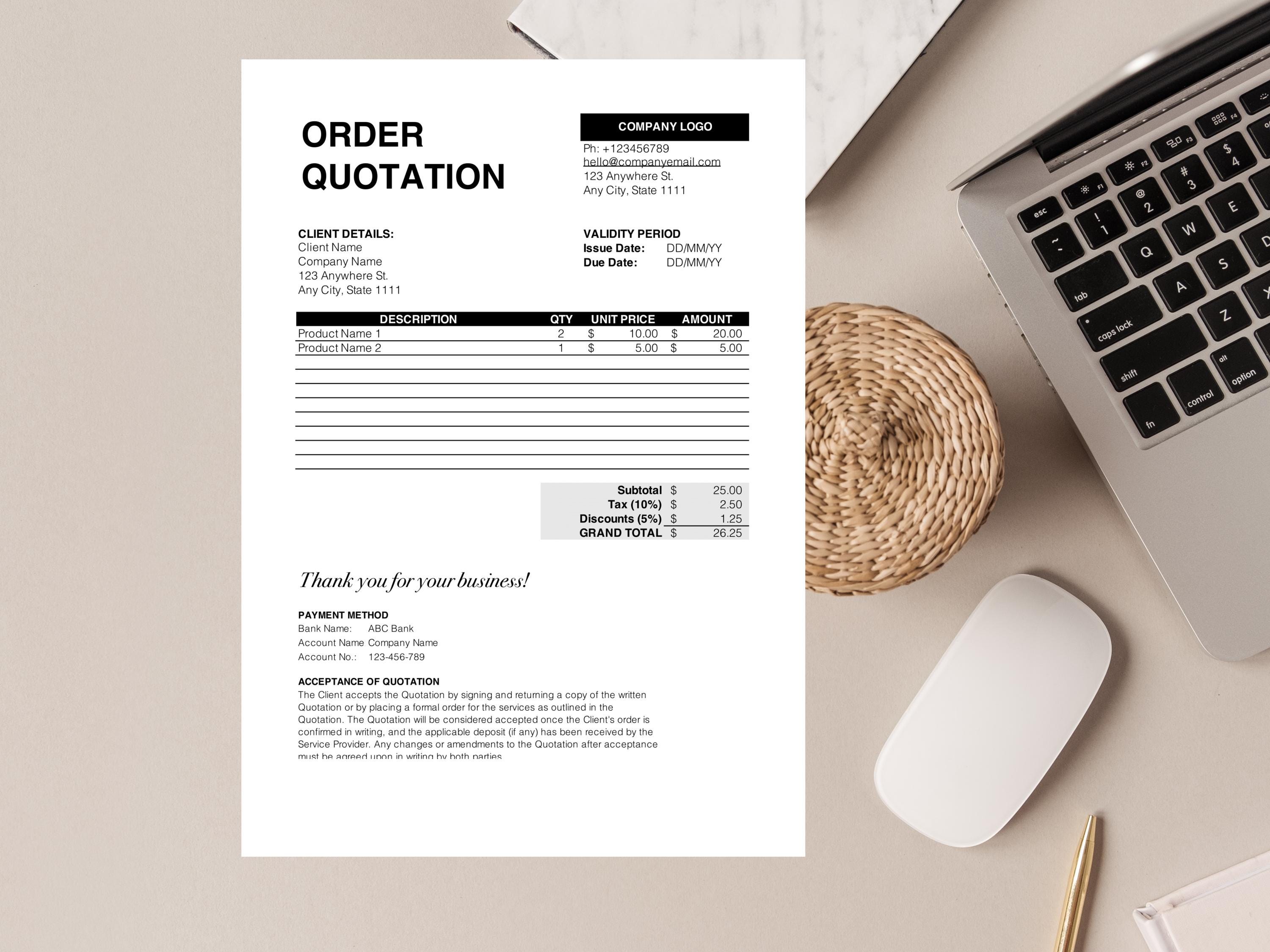 Order Quotation Excel Template, Custom Printable Business Forms, Freelance Order Quotation Form ...