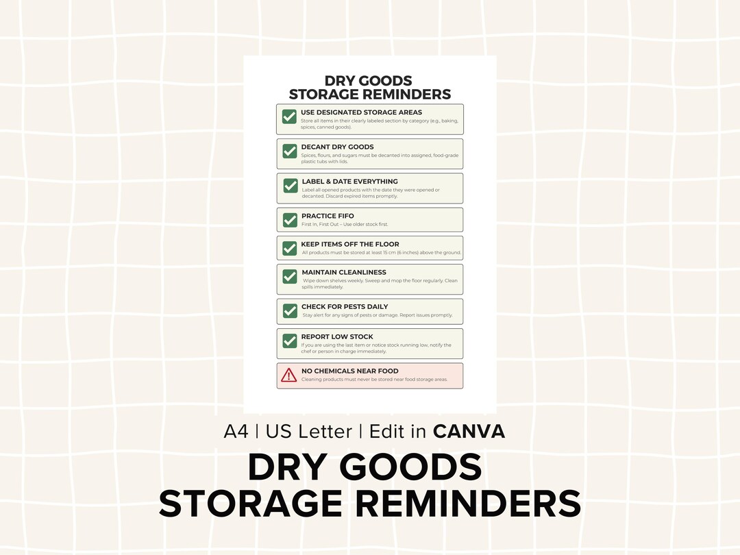 Dry Goods Storage Reminders Poster, Editable Canva Template, Commercial ...