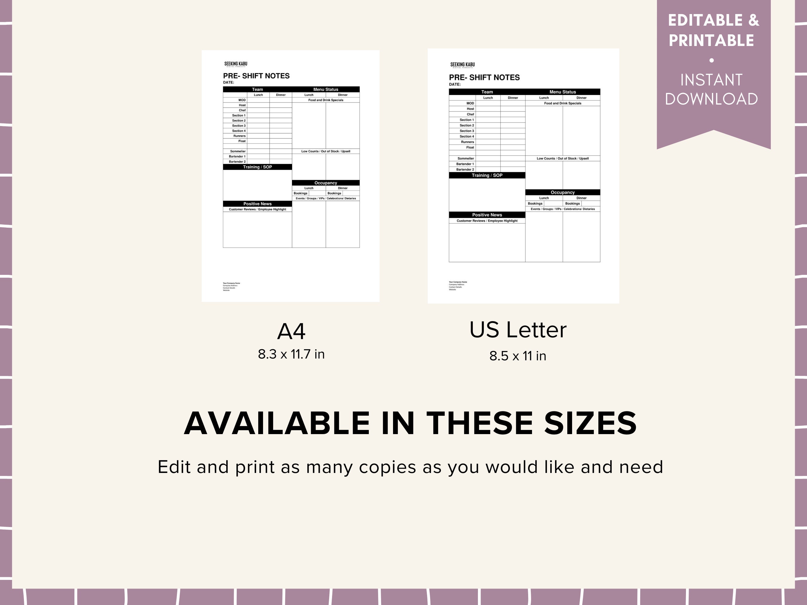 Restaurant Daily Pre-shift Notes; FOH and BOH; Chefs, Waiters; Cafe ...