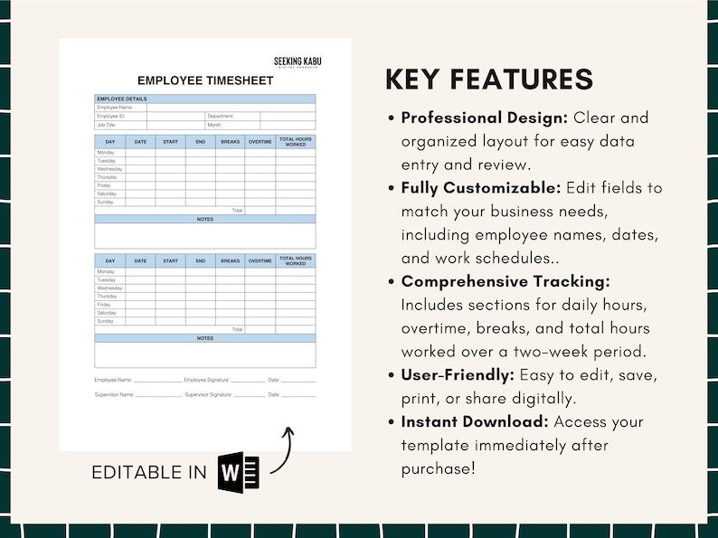 Printable Biweekly Time Sheet, Fortnightly Time Keeping Log, Employee ...