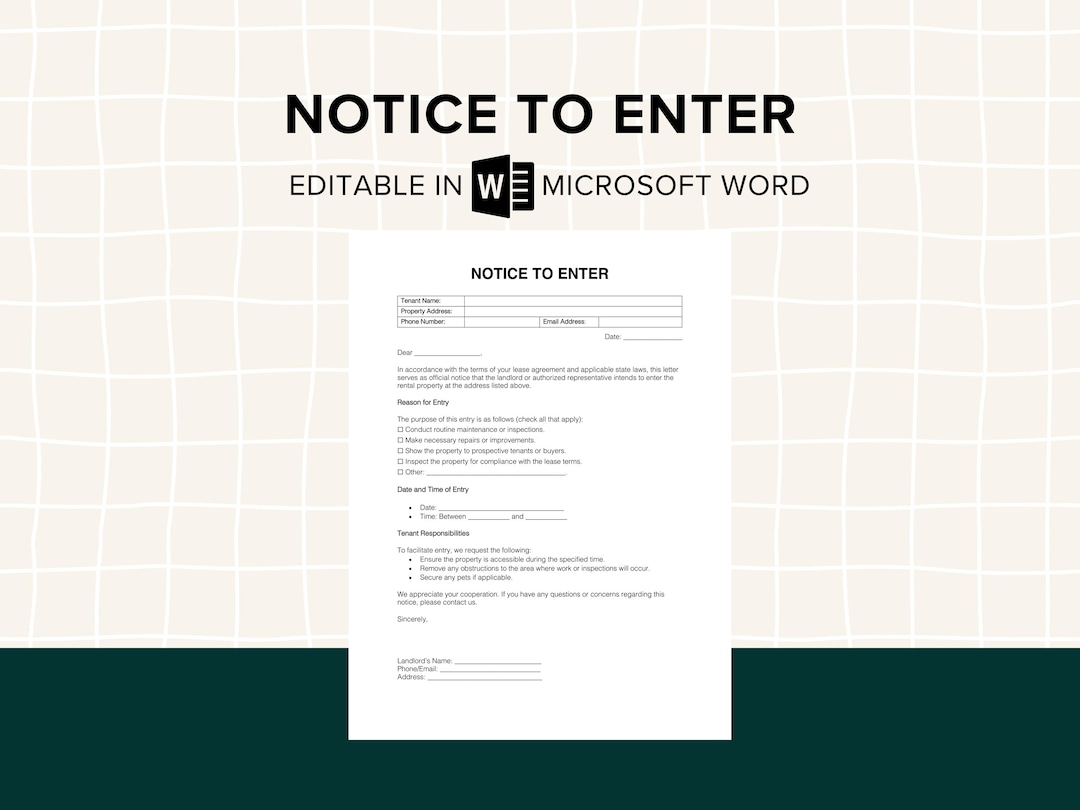 Landlord Notice to Enter Template, Editable Tenant Entry Notice Letter ...