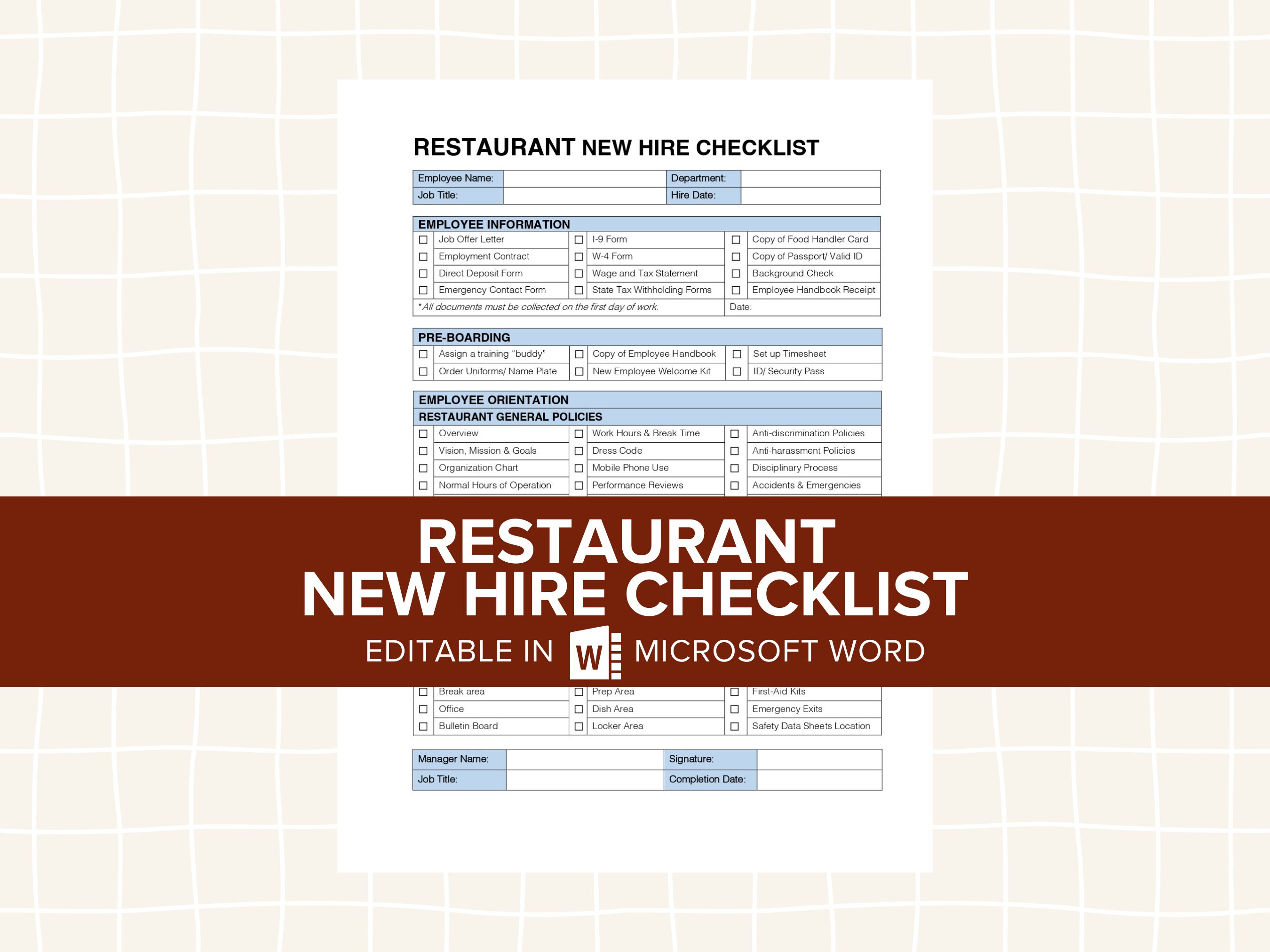 Restaurant New Hire Checklist, Cafe, Bar, Casual, Fine Dining, Weekly ...
