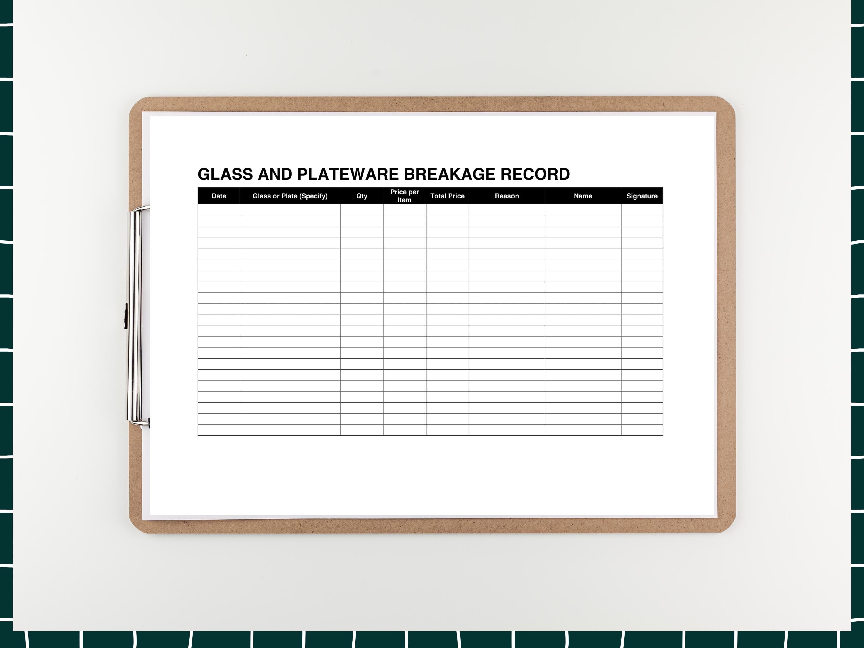 Glass and Plate Breakage Record Template, Editable Dish Breakage Log ...