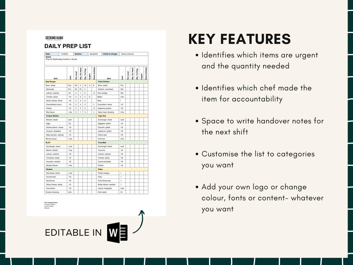 Kitchen Daily Prep List, Shift Handover Notes Fot Chefs, Restaurant and ...