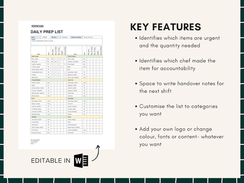 Kitchen Daily Prep List, Shift Handover Notes Fot Chefs, Restaurant and ...