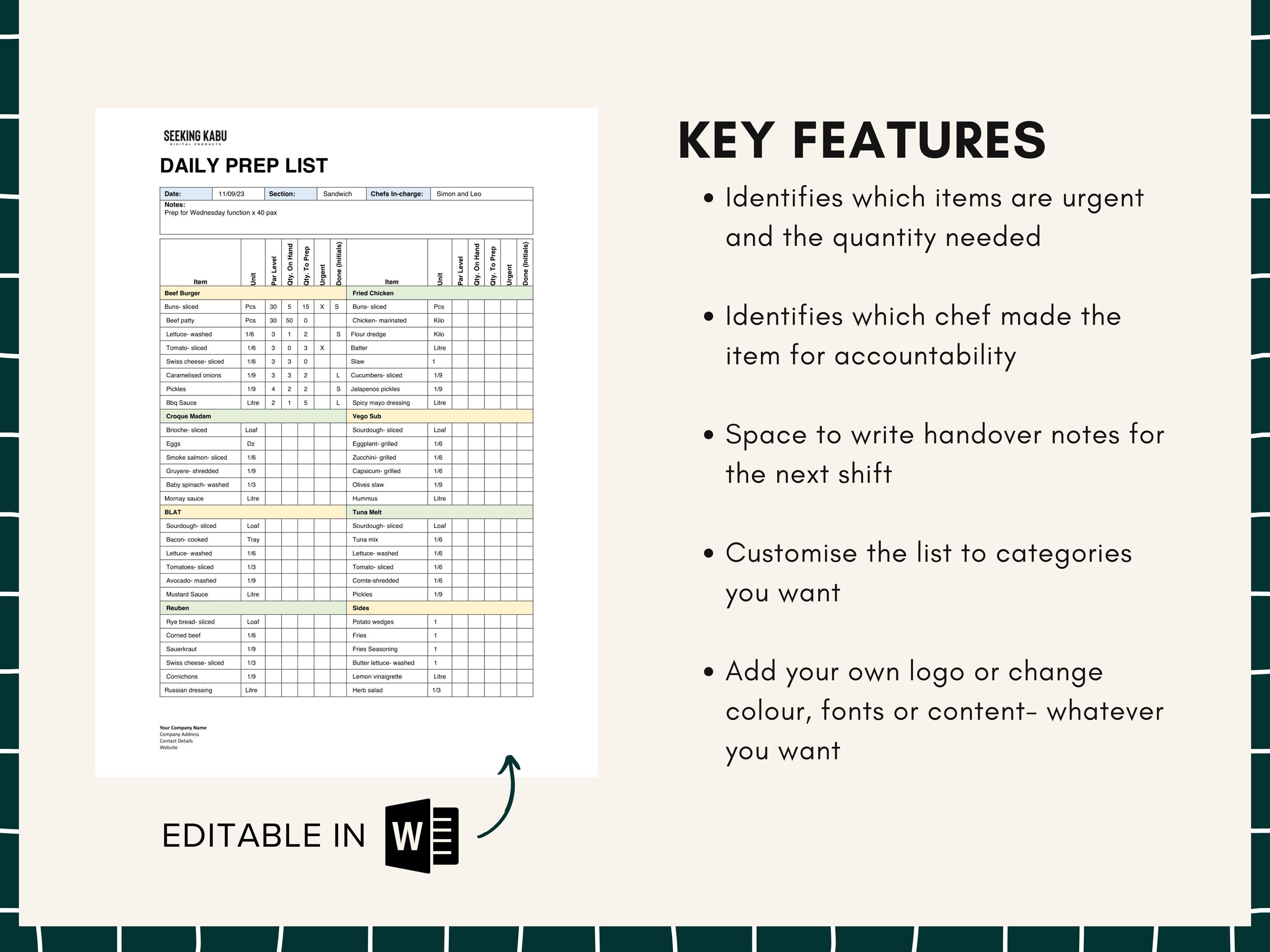 Kitchen Daily Prep List, Shift Handover Notes Fot Chefs, Restaurant and ...