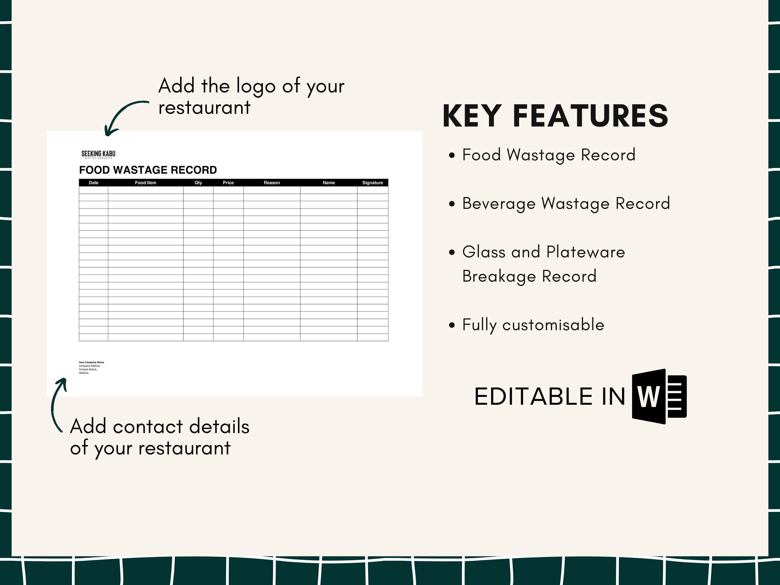 Wastage Record Sheets for Food, Beverage Glass and Plate Breakage Log ...