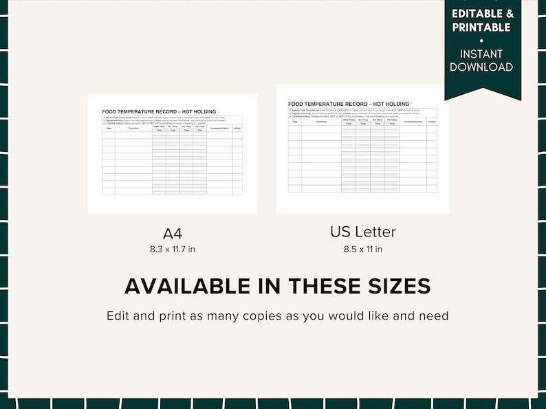 Hot Holding Temperature Log, Editable Hot Food Holding Temperature ...