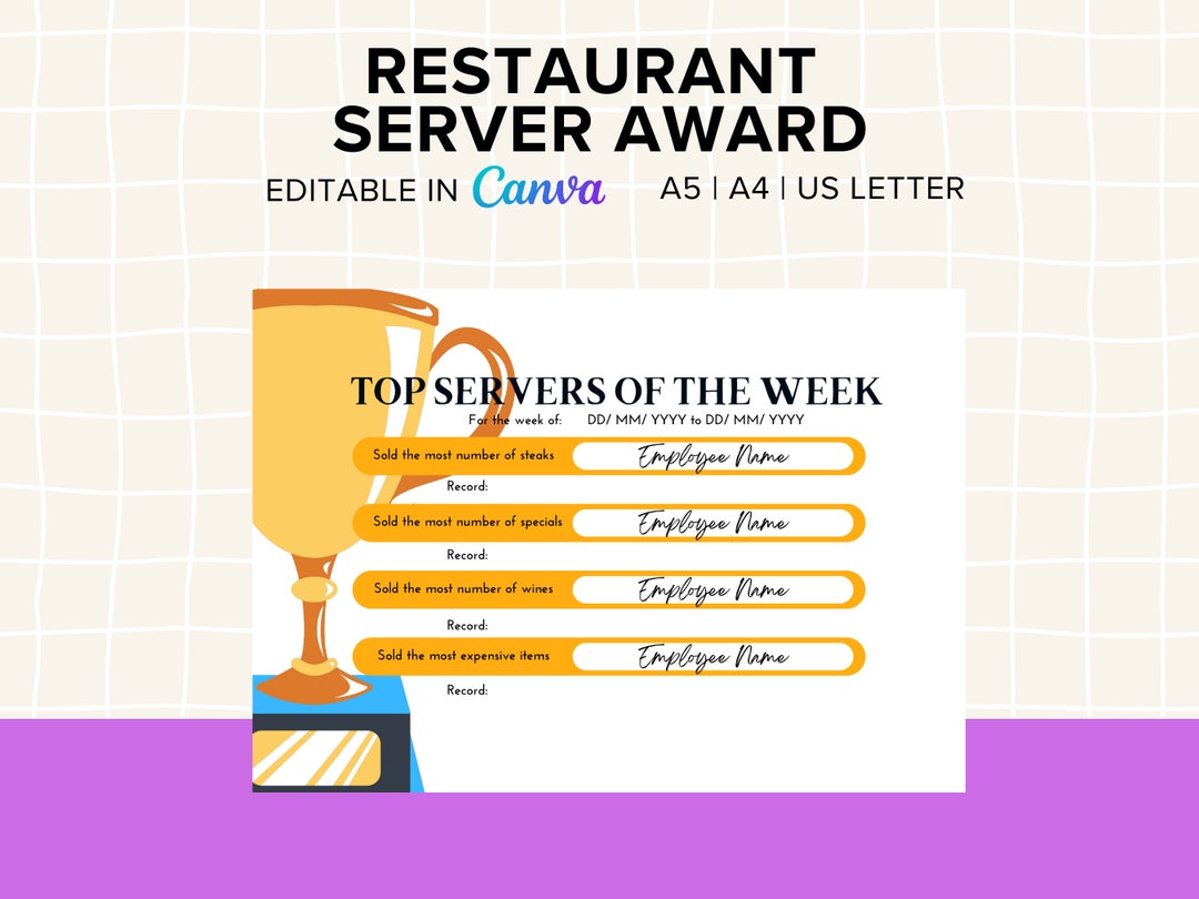Restaurant Server Weekly Award; FOH, Waiters, Employee Highlight ...