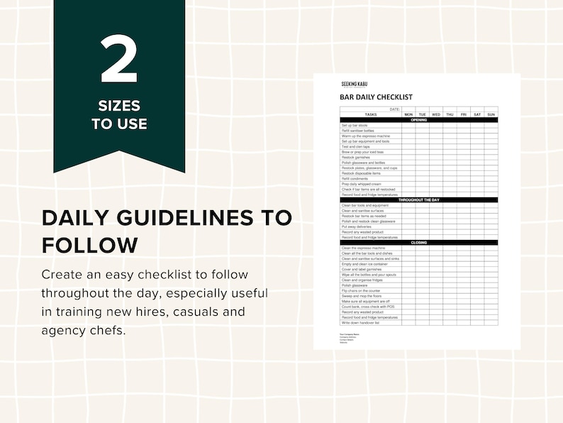 Bar Daily Operating Checklist Opening Side Work Closing for Restaurant ...