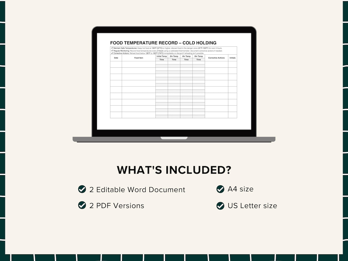 Cold Food Temperature Log, Cold Food Holding Temperature Sheet, Food ...