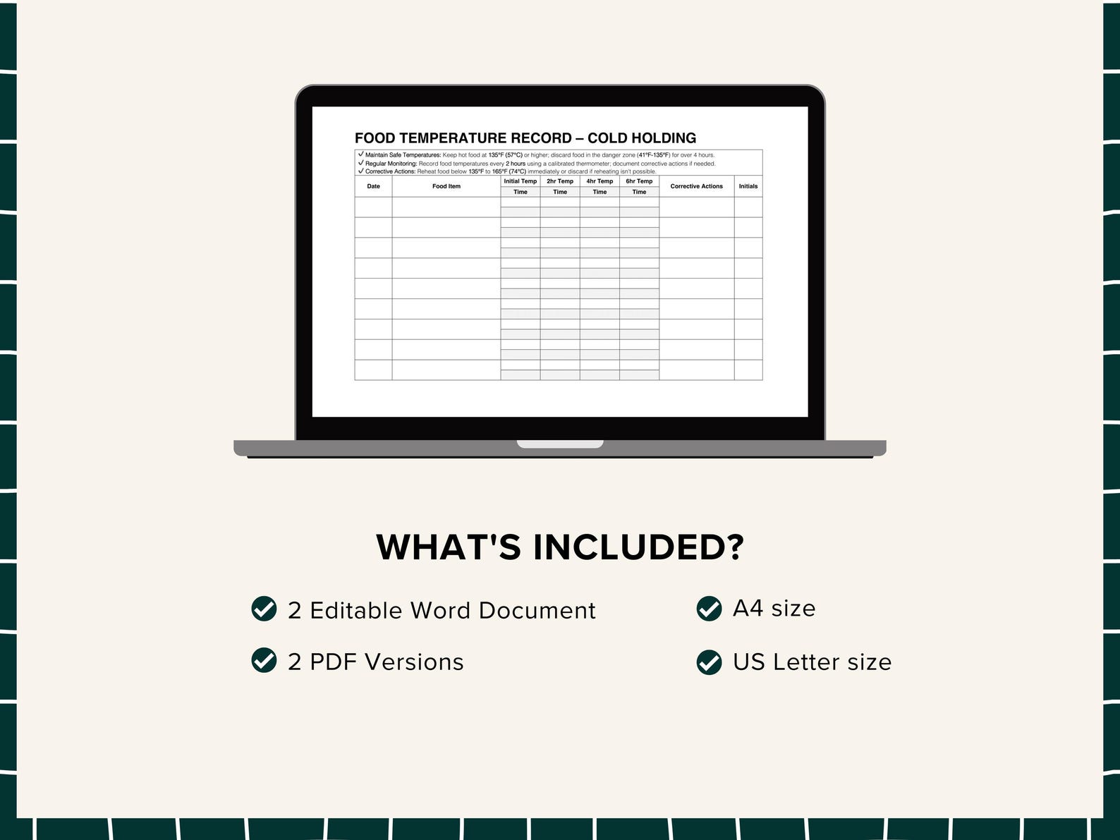Cold Food Temperature Log, Cold Food Holding Temperature Sheet, Food ...