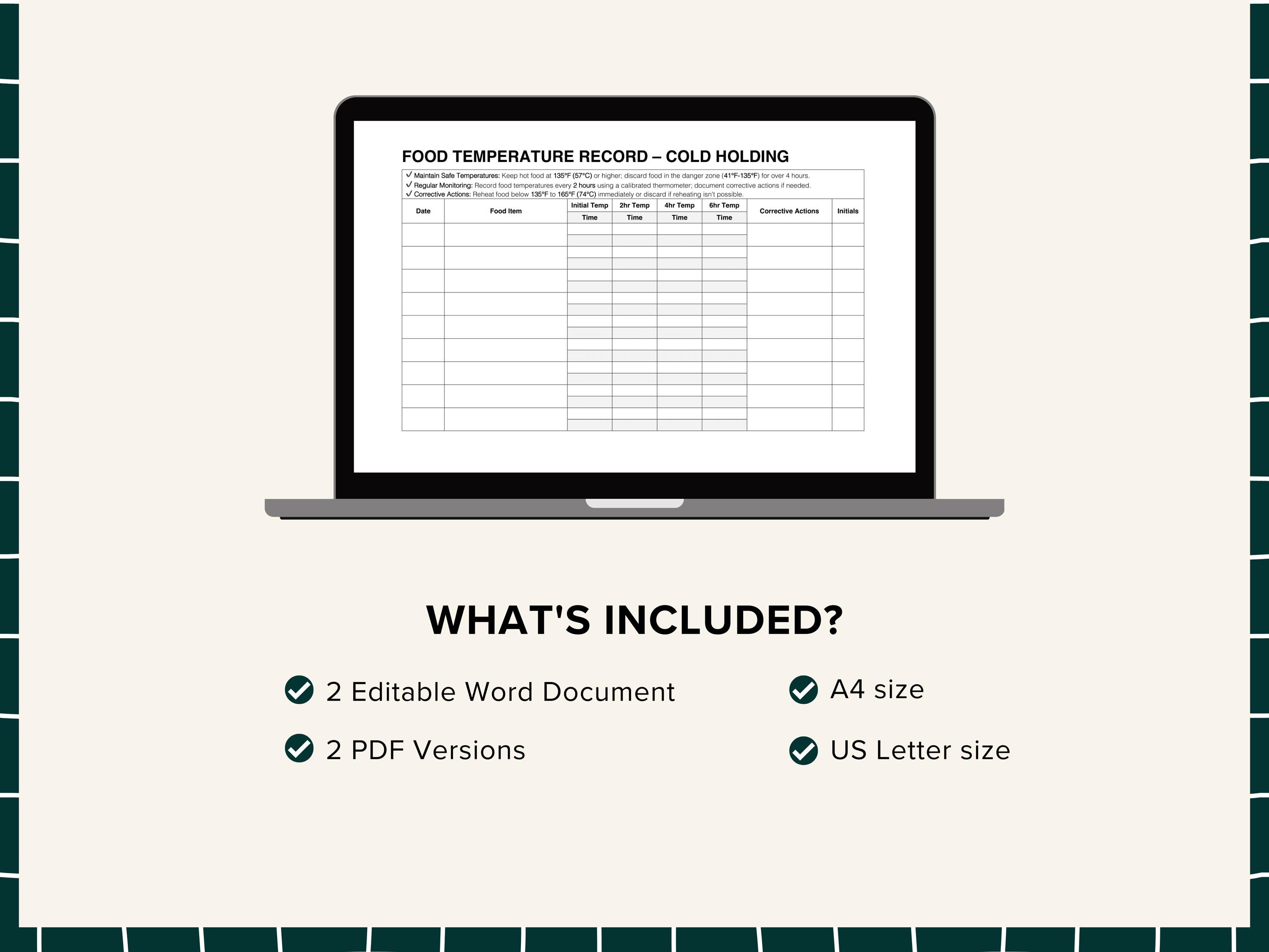 Cold Food Temperature Log, Cold Food Holding Temperature Sheet, Food ...