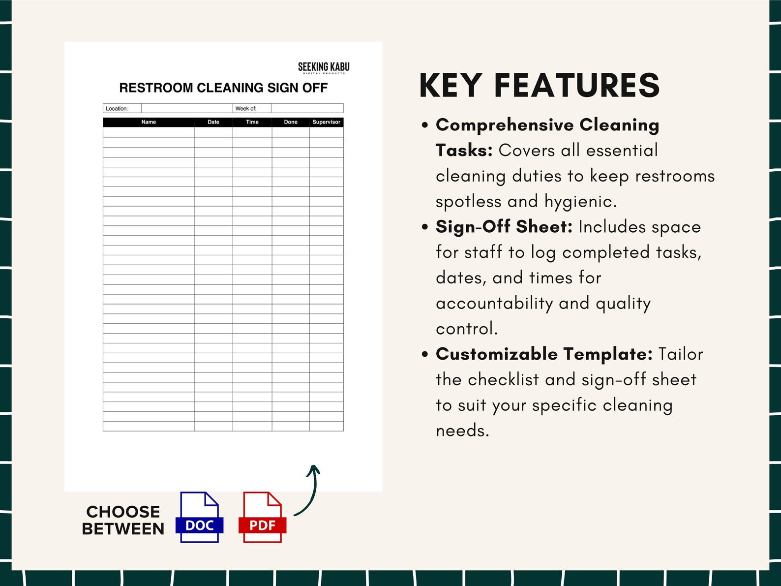 Editable Restroom Cleaning Checklist, Printable Toilet Sign off Form ...