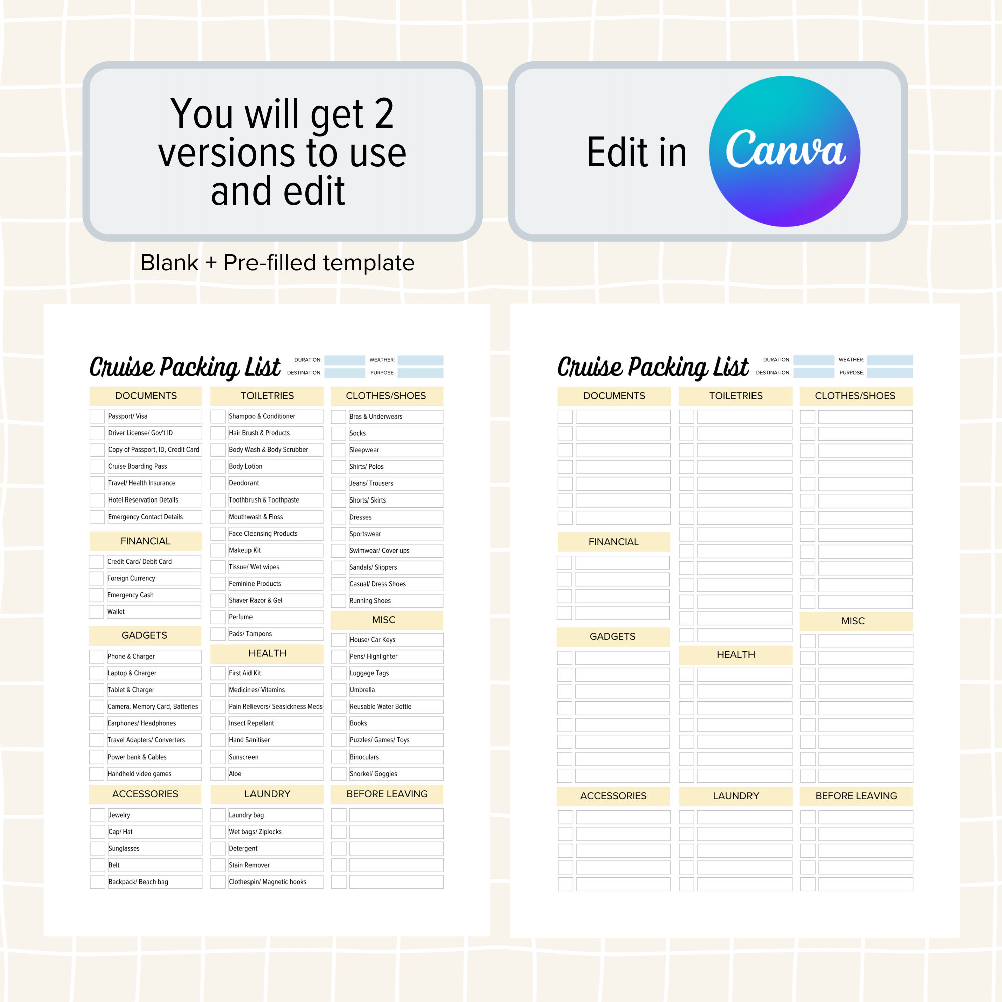 Editable Cruise Packing Checklist Printable Packing Checklist Travel ...