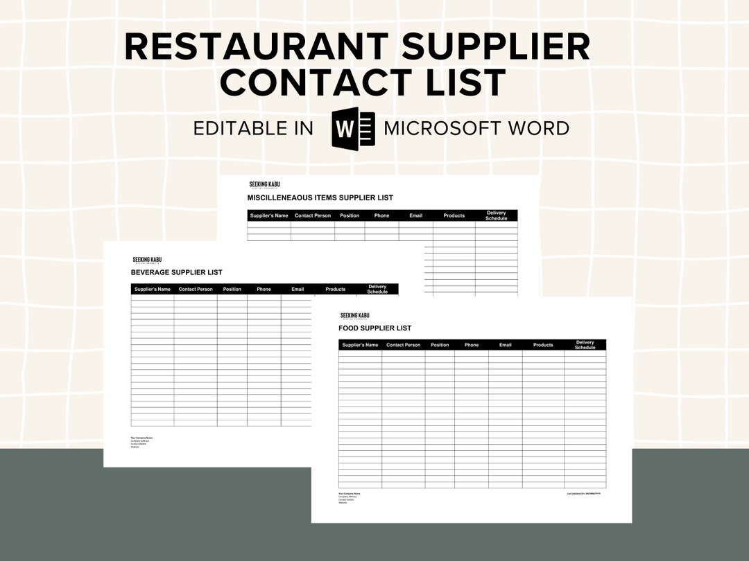 Restaurant Supplier Contact List; Food, Beverage, Chemicals, Dry Goods ...