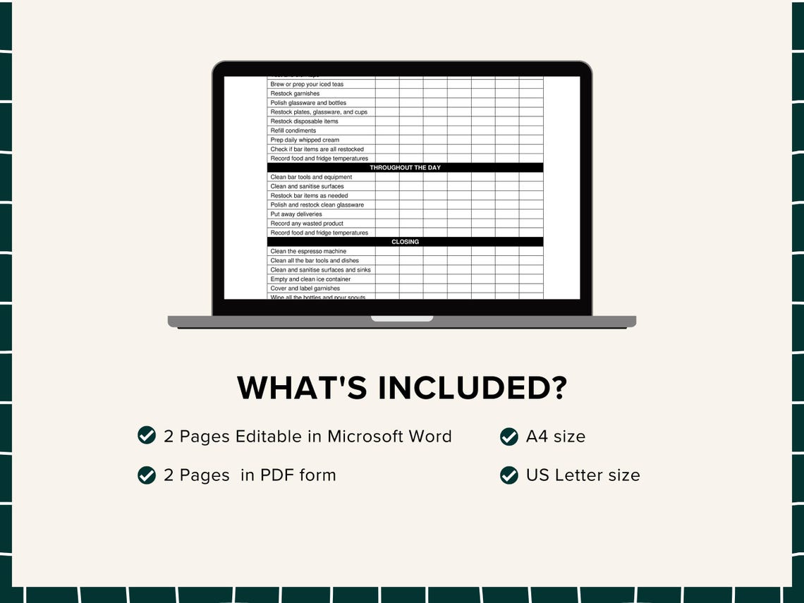 Bar Daily Operating Checklist Opening Side Work Closing for Restaurant ...