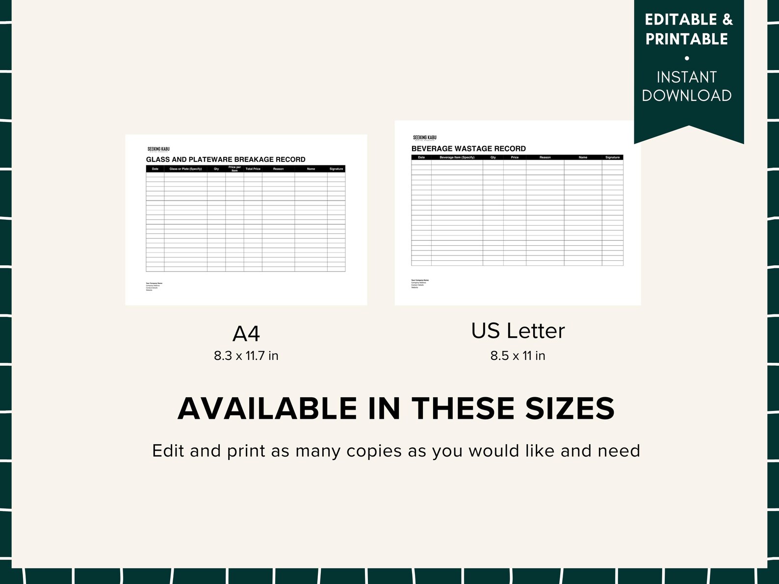 Wastage Record Sheets for Food, Beverage Glass and Plate Breakage Log ...