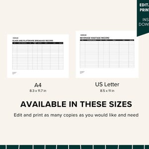 Wastage Record Sheets for Food, Beverage Glass and Plate Breakage Log ...