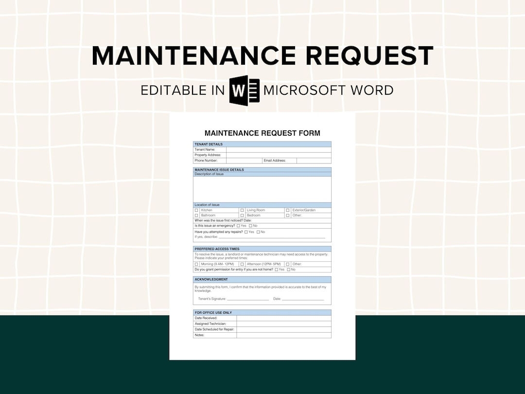 Editable Maintenance Request Form Template, Printable Tenant Repair Log ...