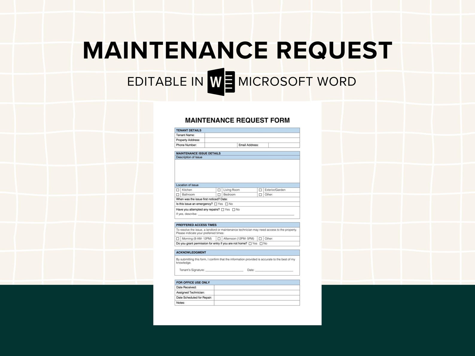 Editable Maintenance Request Form Template, Printable Tenant Repair Log ...