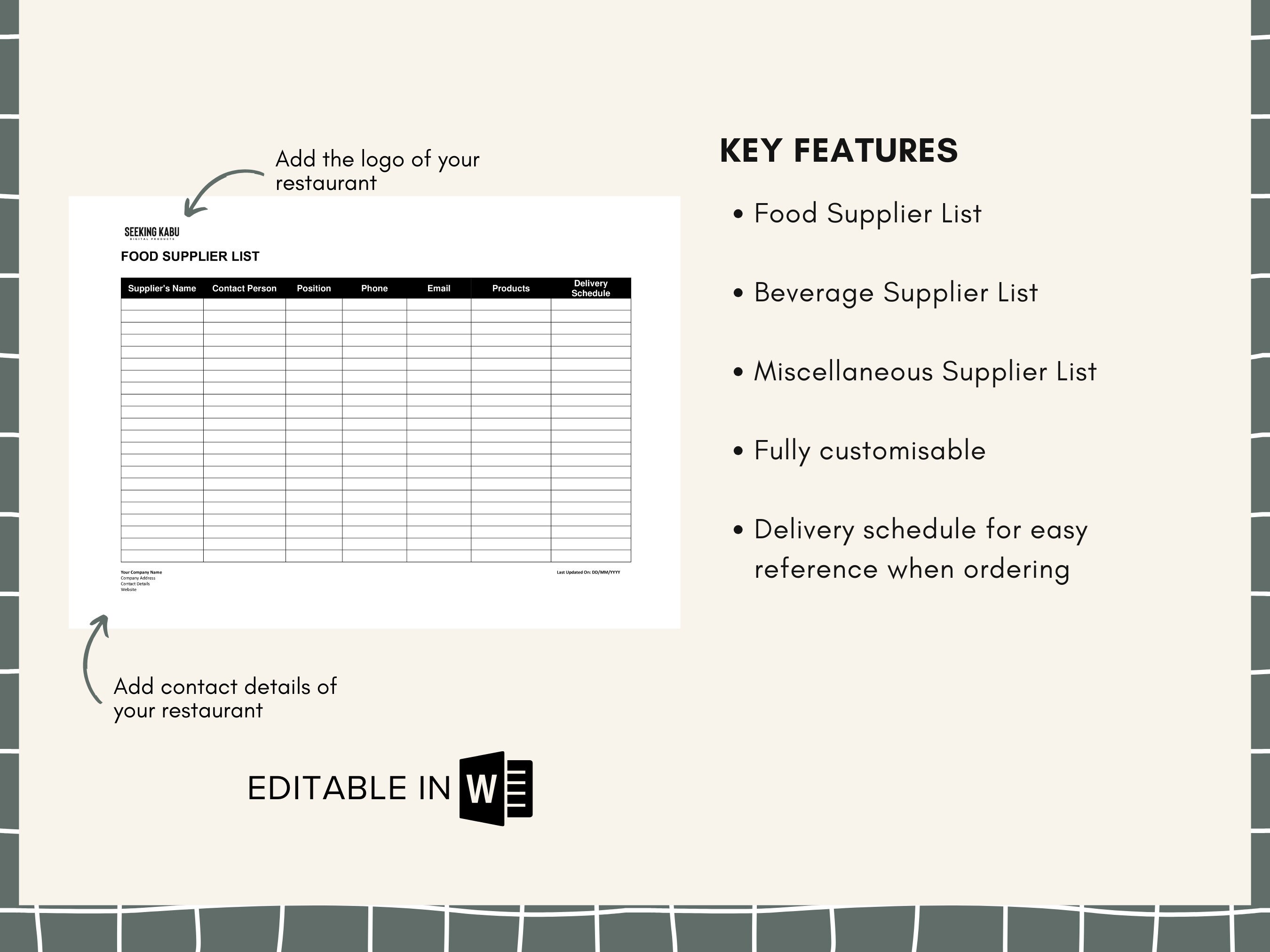 Restaurant Supplier Contact List; Food, Beverage, Chemicals, Dry Goods ...