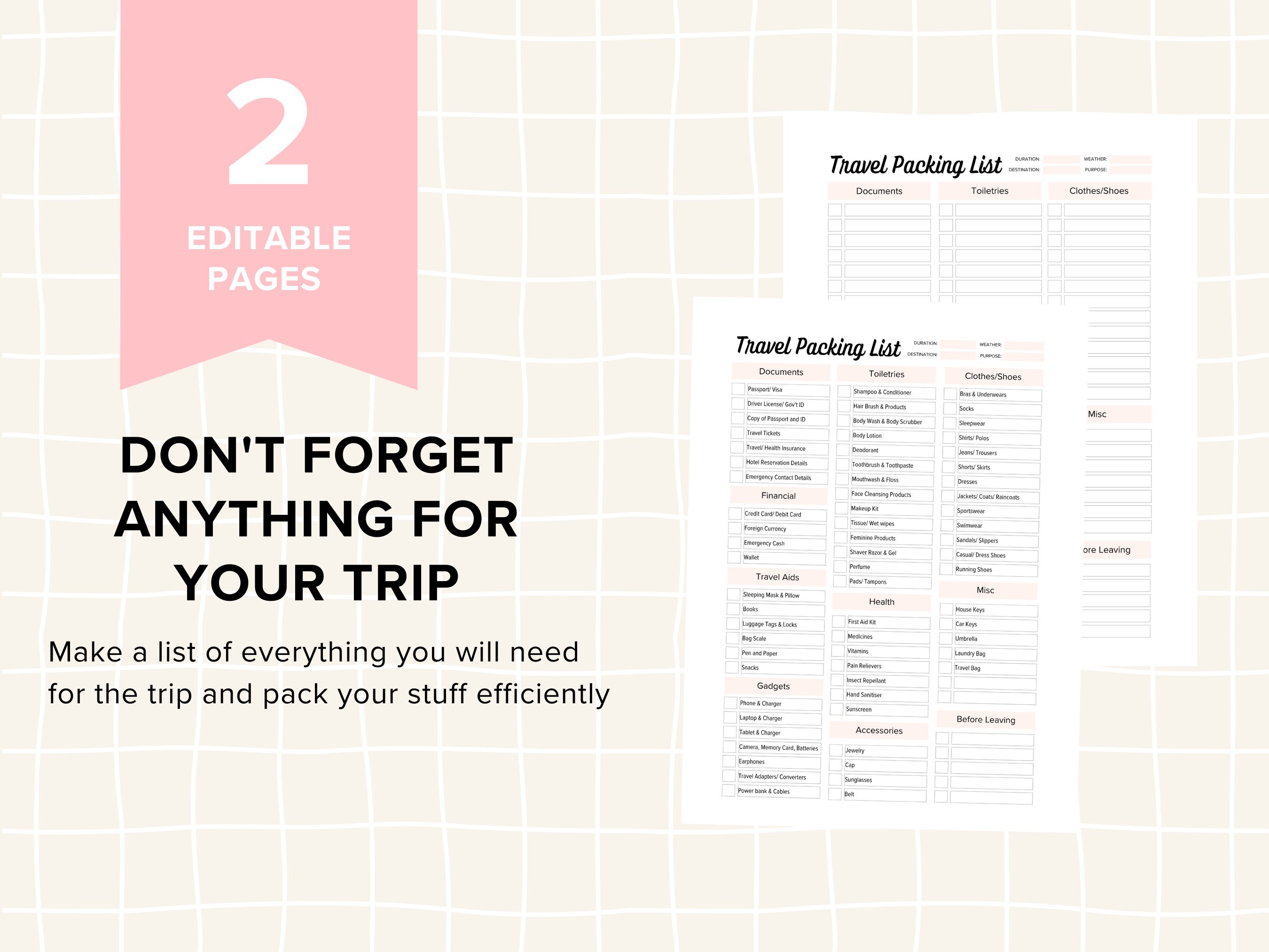 Editable Travel Packing Checklist Packing List for Vacation - Etsy