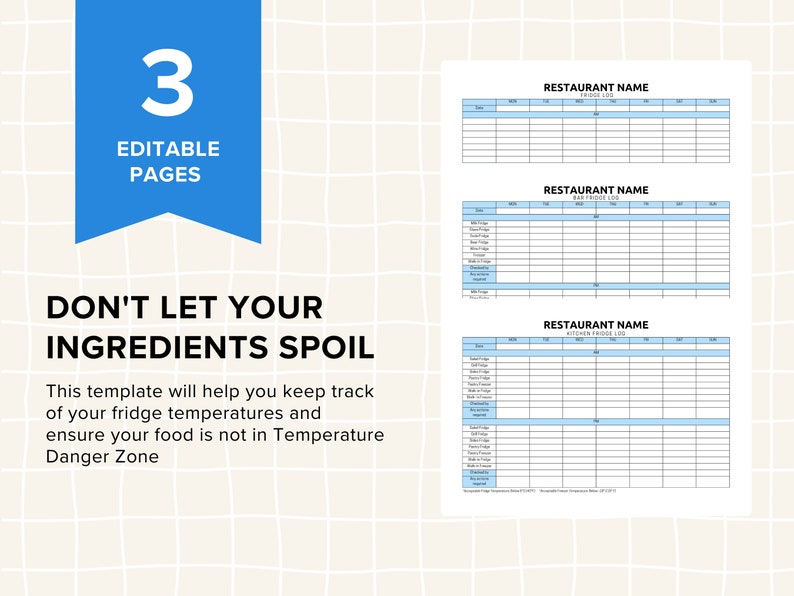 Restaurant Fridge Temperature Log, Commercial Kitchen and Bar, AM and ...