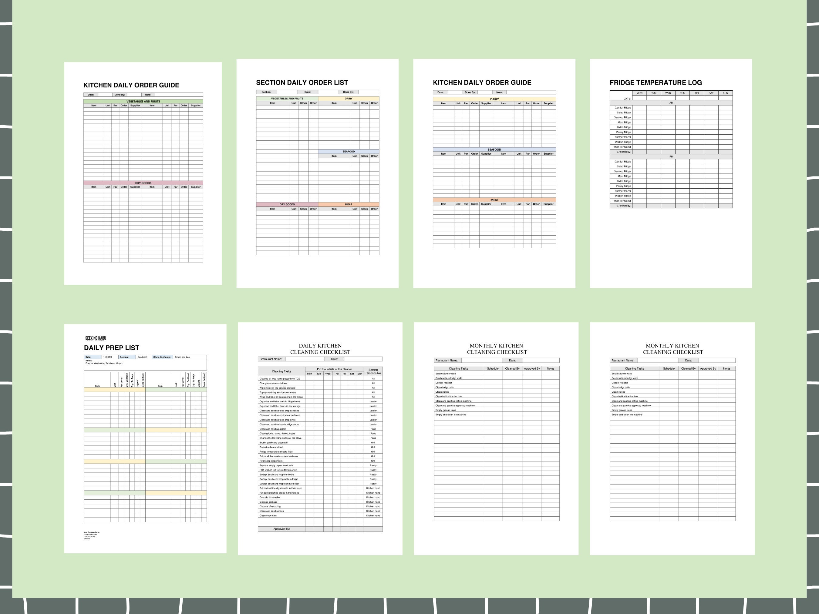 Restaurant Kitchen Templates Bundle, Order and Prep List, Fridge and ...
