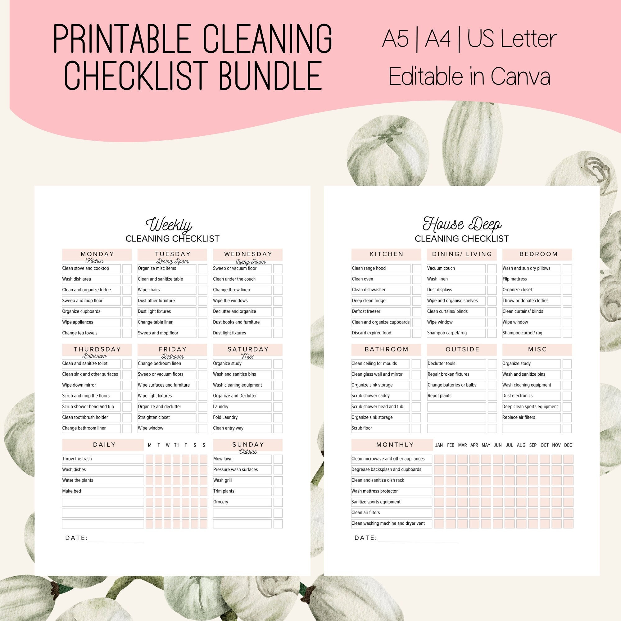 Editable Cleaning Checklist Weekly Cleaning Checklist Deep Cleaning ...