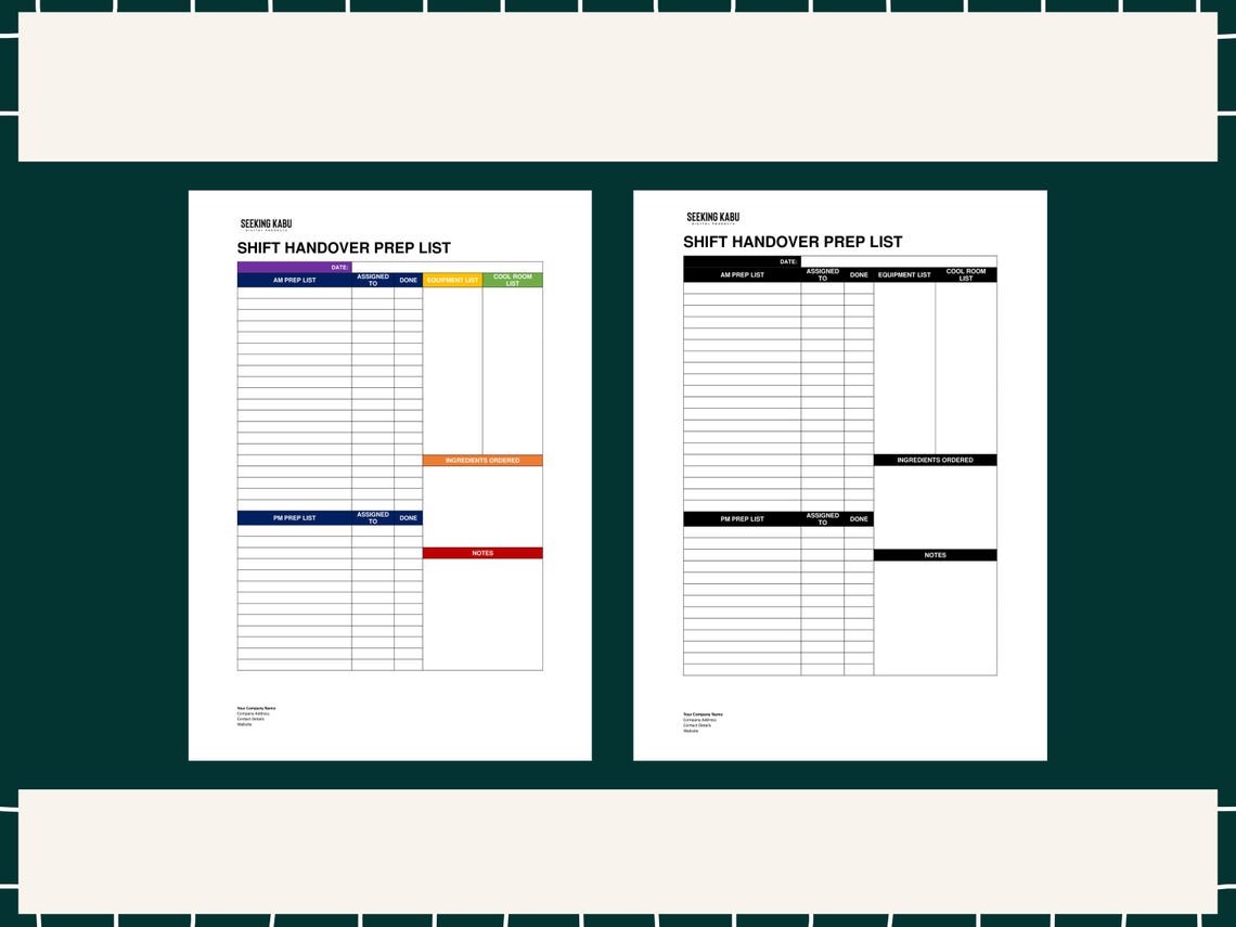 Kitchen Shift Handover Prep List, Notes Fot Chefs, Restaurant and Cafe ...