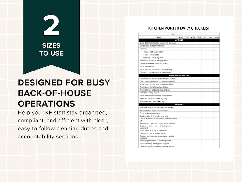 Kitchen Porter Daily Checklist Template, Restaurant Dishwasher Task ...