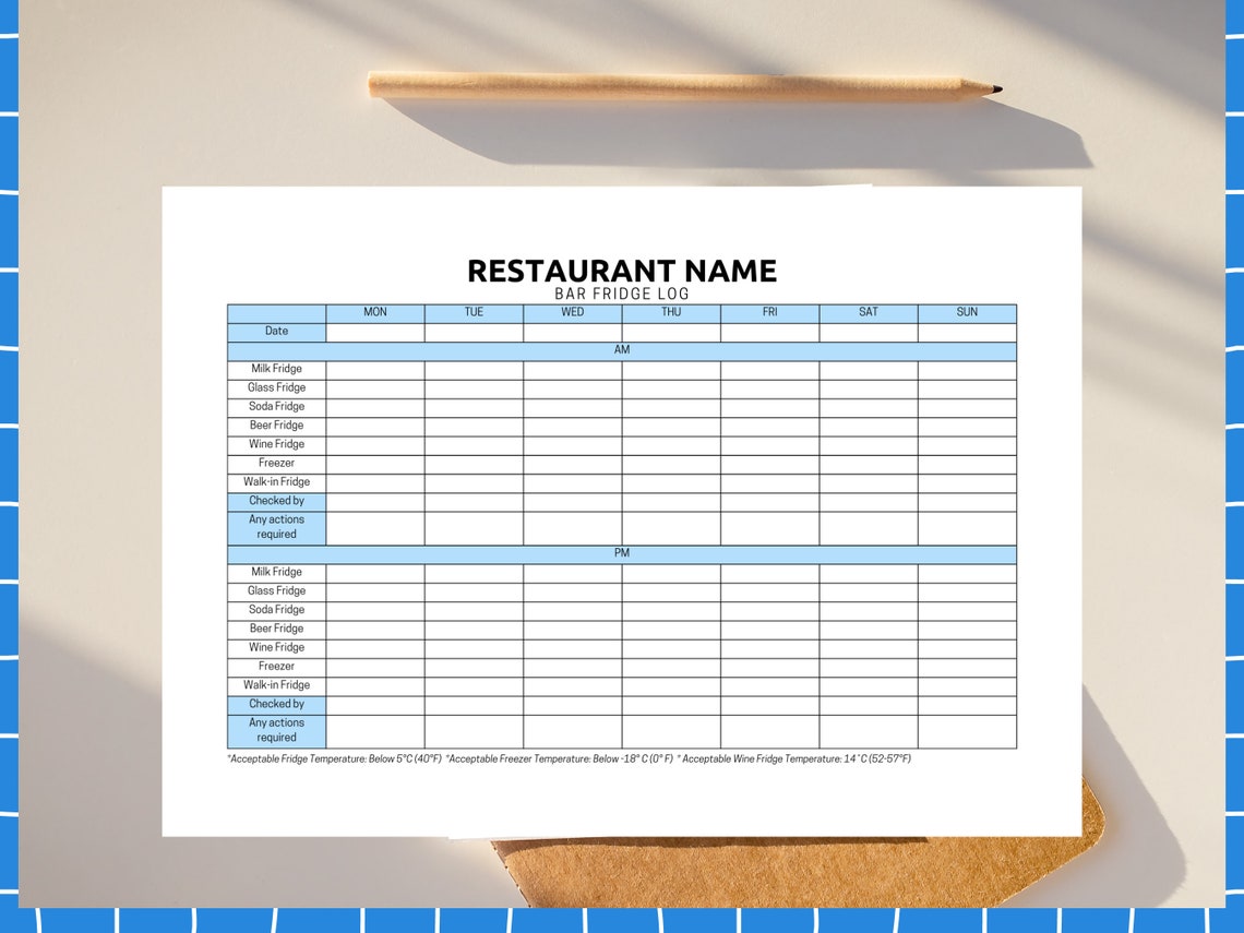 Restaurant Fridge Temperature Log, Commercial Kitchen and Bar, AM and ...