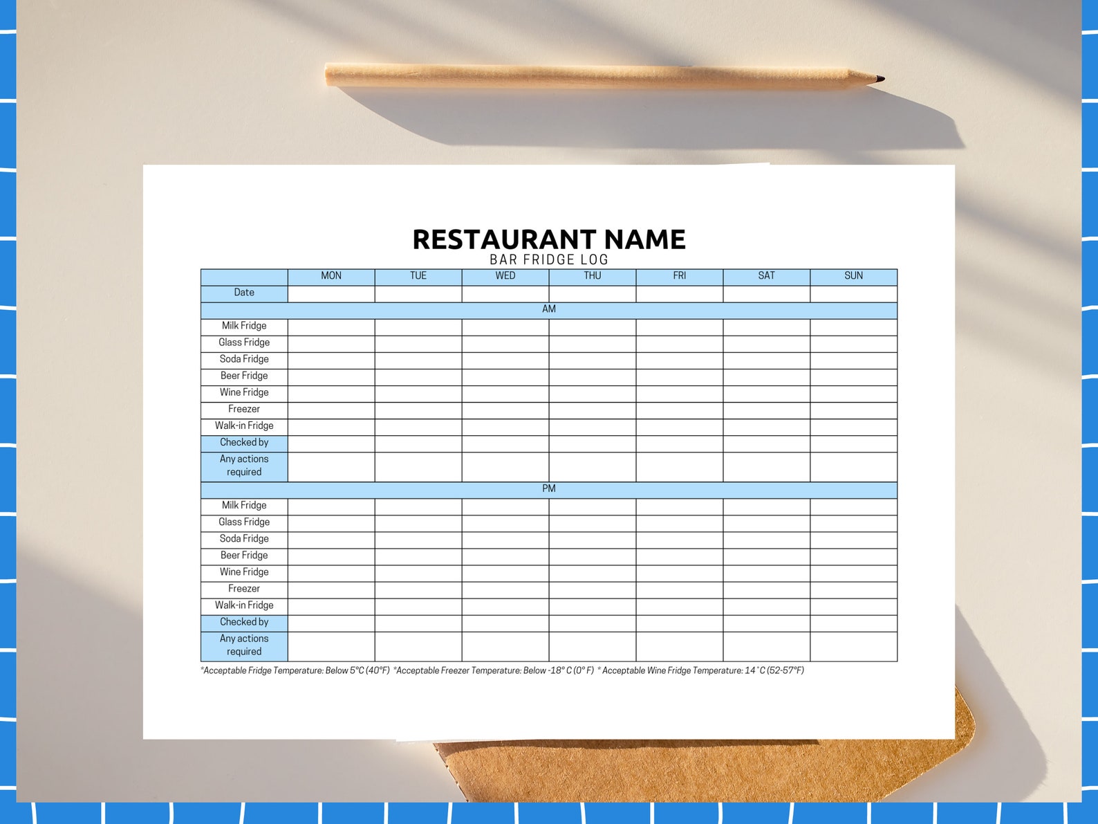 Restaurant Fridge Temperature Log, Commercial Kitchen and Bar, AM and ...
