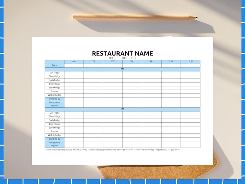 Restaurant Fridge Temperature Log, Commercial Kitchen and Bar, AM and ...