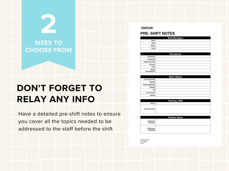 Restaurant Pre-shift Notes; FOH and BOH; Chefs, Waiters; Cafe, Catering ...