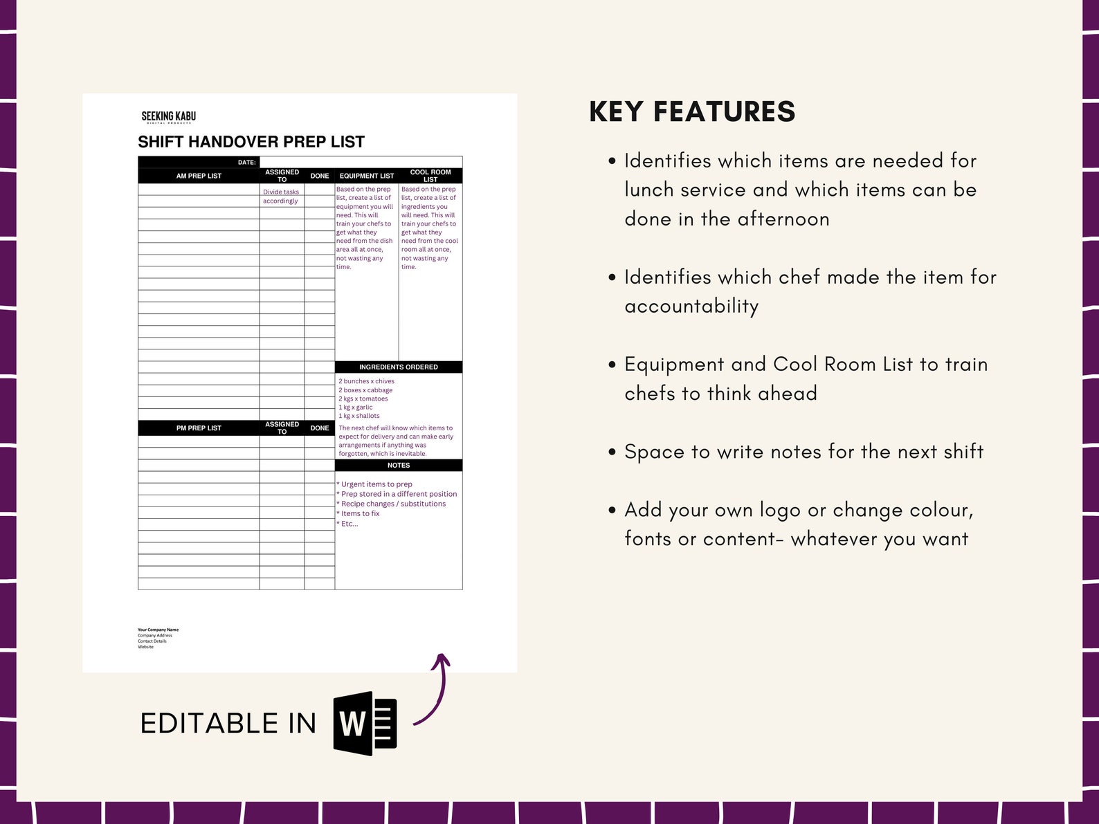 Kitchen Shift Handover Prep List, Notes Fot Chefs, Restaurant and Cafe ...