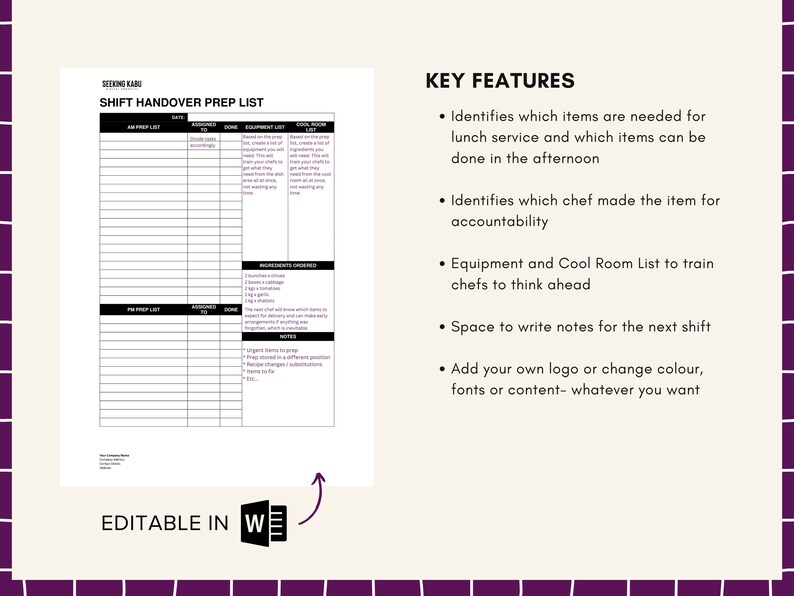 Kitchen Shift Handover Prep List, Notes Fot Chefs, Restaurant and Cafe ...