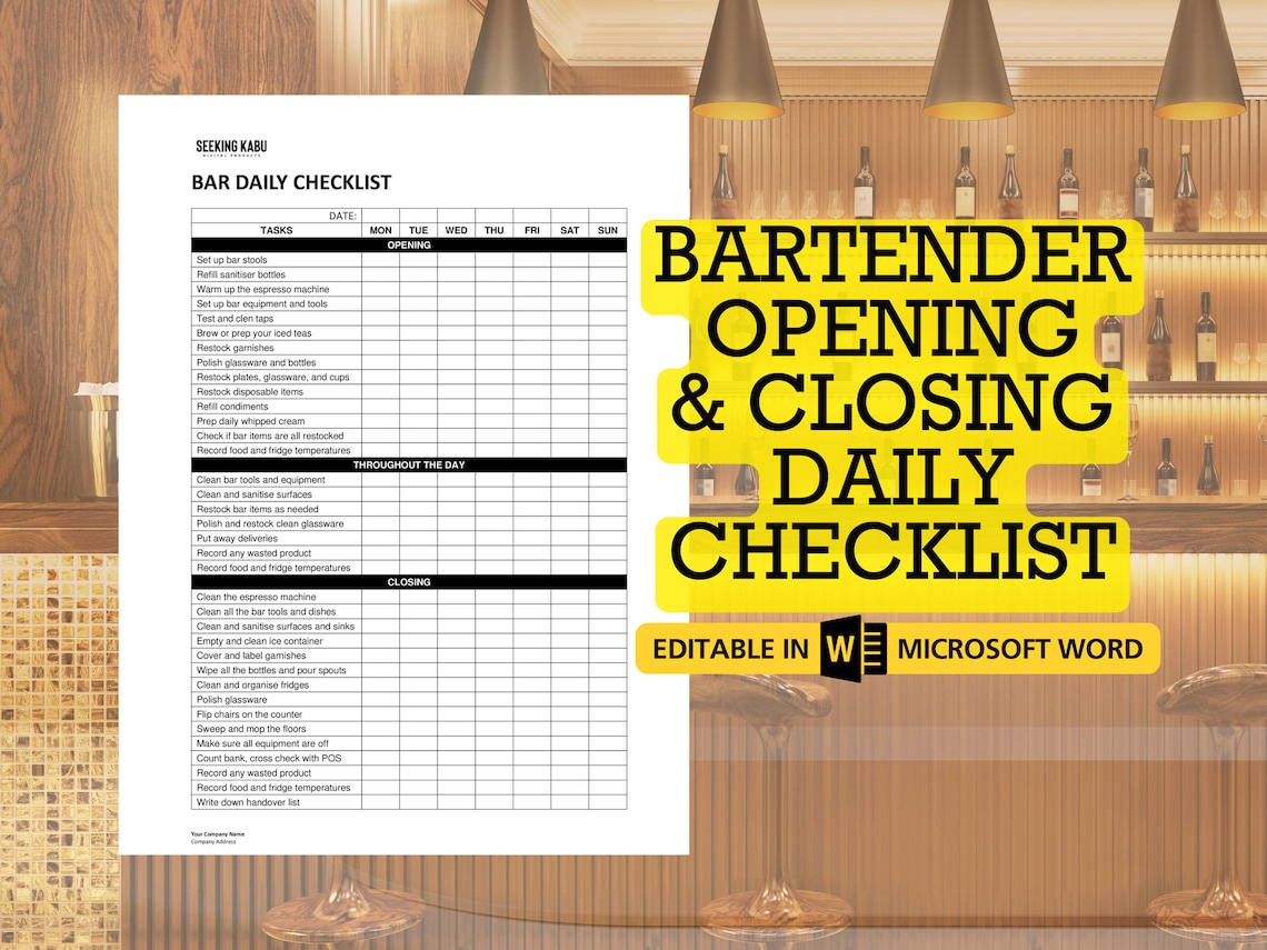 Bartender Daily Checklist: Restaurant Bar Guidelines; New Hire Training, Mis En Place - Etsy