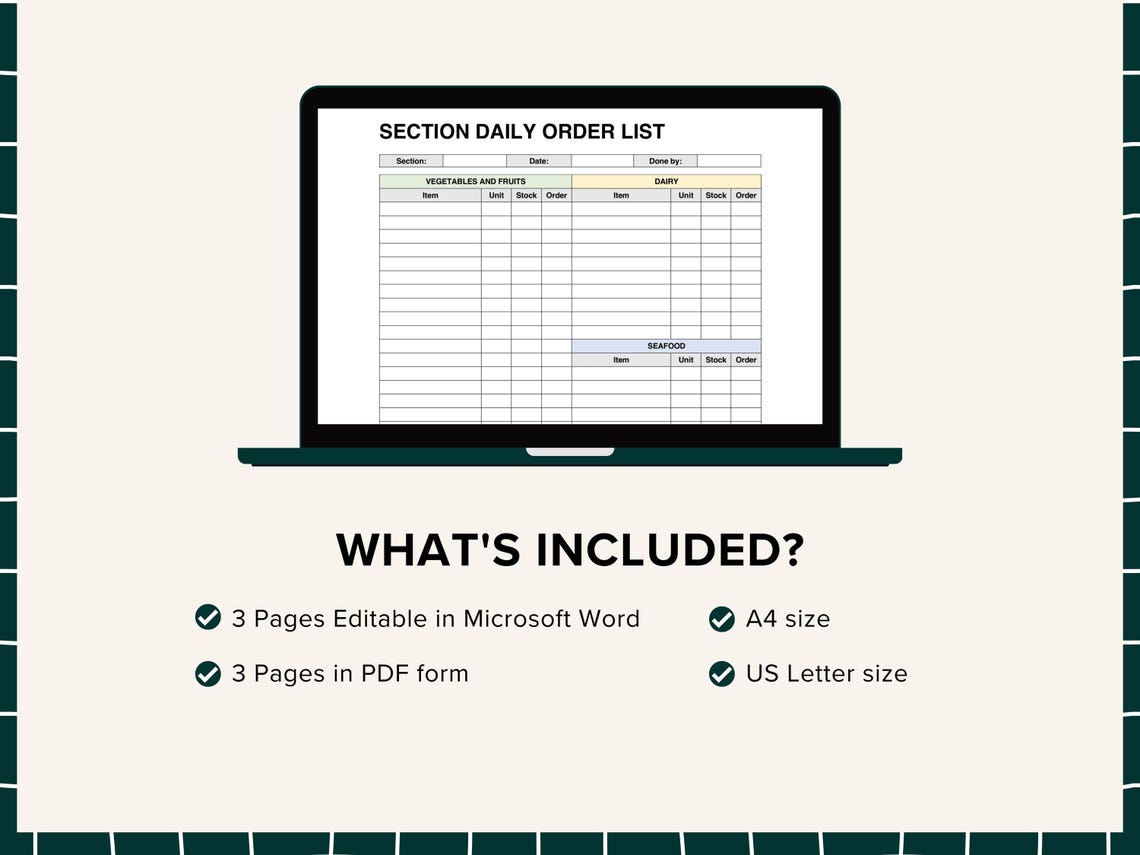 Kitchen Daily Order List, Order Guide. Restaurant and Cafe, Checklist ...