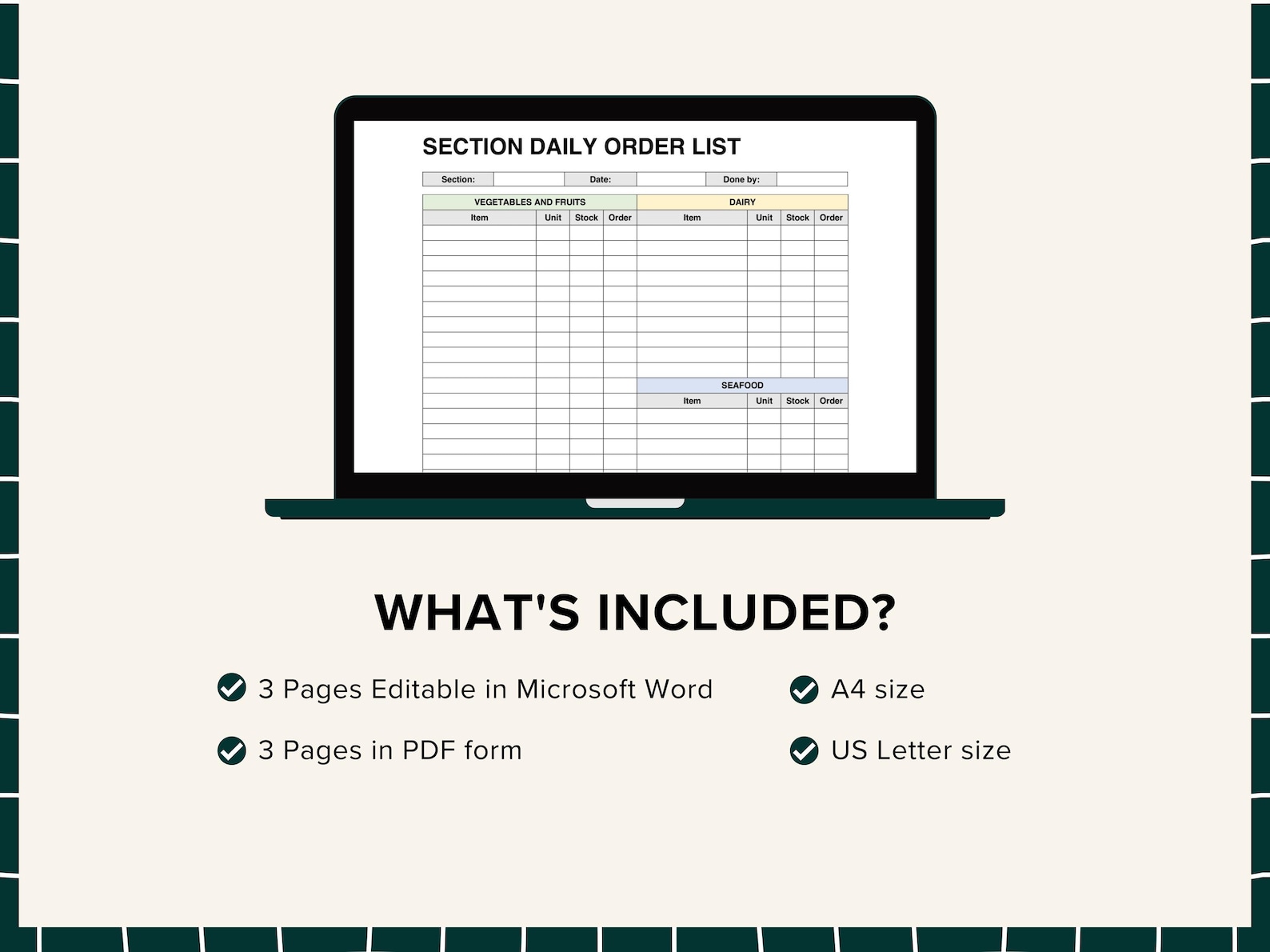 Kitchen Daily Order List, Order Guide. Restaurant and Cafe, Checklist ...