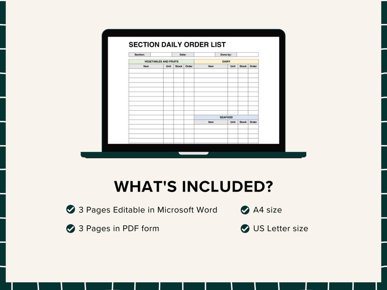 Kitchen Daily Order List, Order Guide. Restaurant and Cafe, Checklist ...
