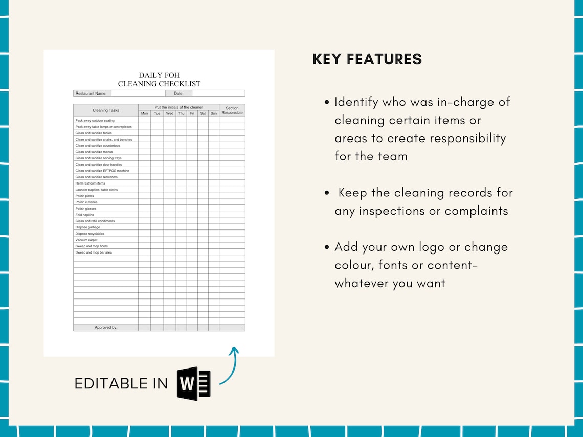 Restaurant FOH Cleaning Checklist | Restaurant Cleaning Checklist ...