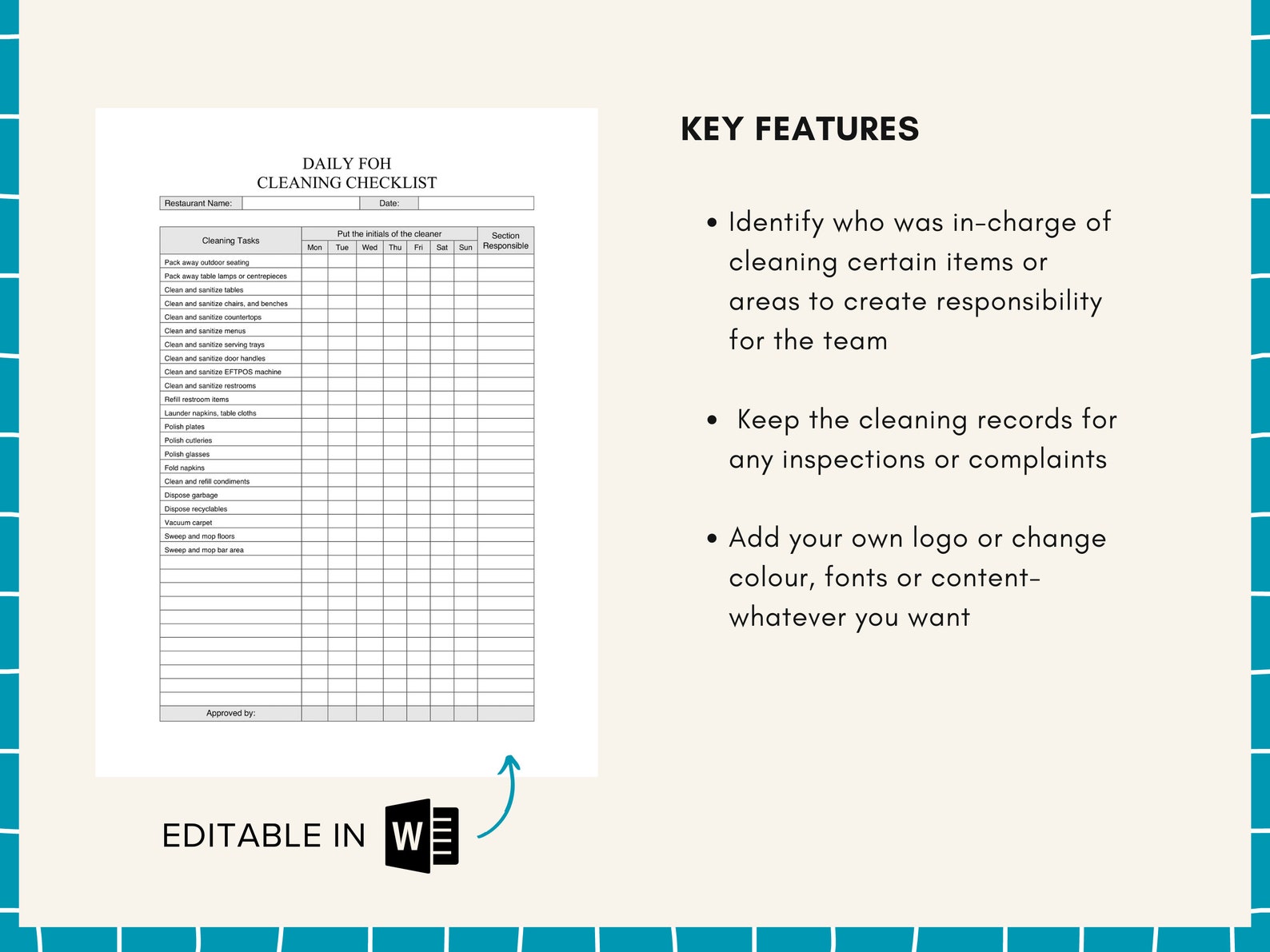Restaurant FOH Cleaning Checklist | Restaurant Cleaning Checklist ...