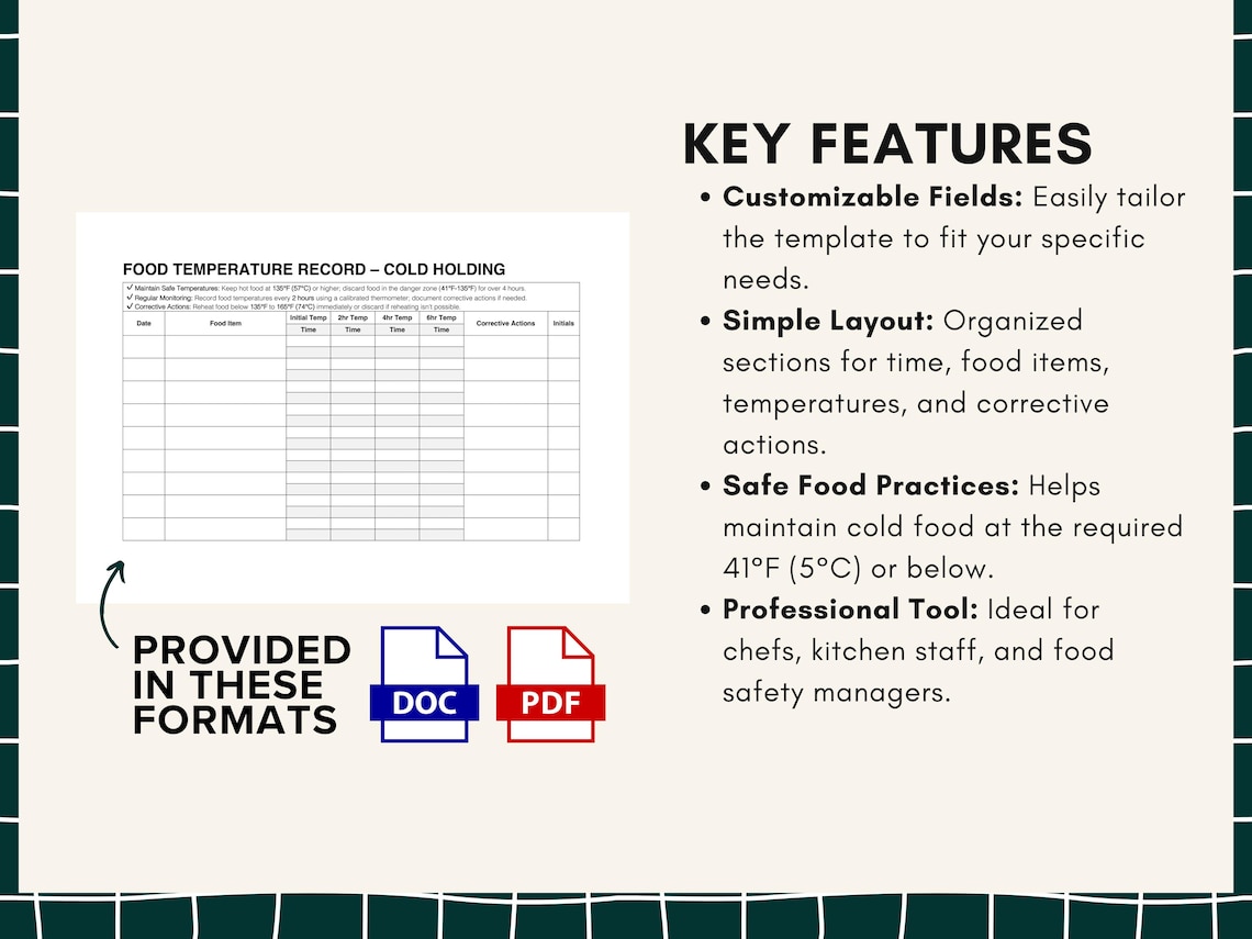 Cold Food Temperature Log, Cold Food Holding Temperature Sheet, Food ...