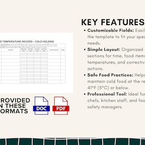 Cold Food Temperature Log, Cold Food Holding Temperature Sheet, Food ...