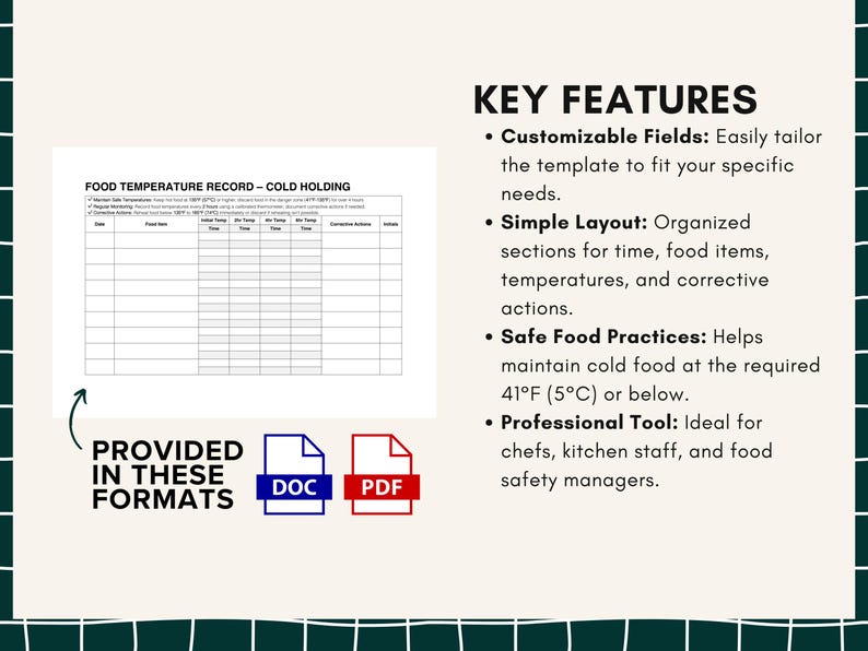 Cold Food Temperature Log, Cold Food Holding Temperature Sheet, Food ...